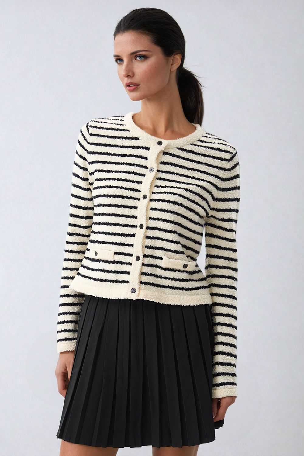 Striped Button-Front Textured Knit Jacket - Black – Missime