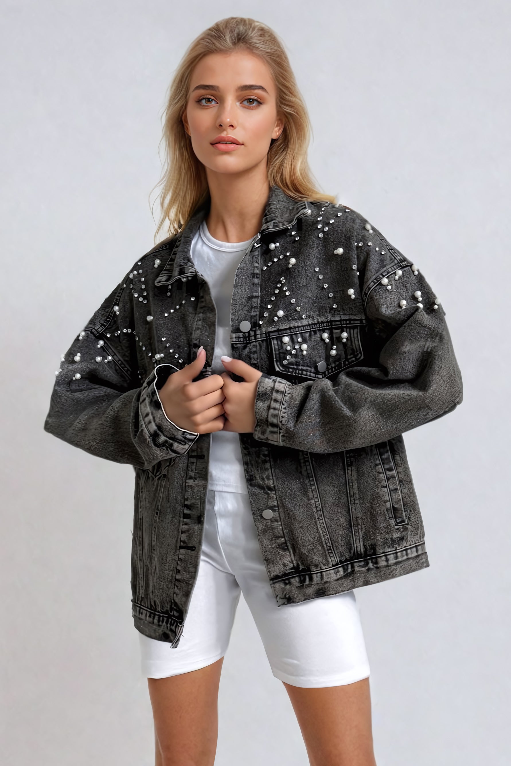 Oversized Embellished Denim Jacket - Gray – Missime