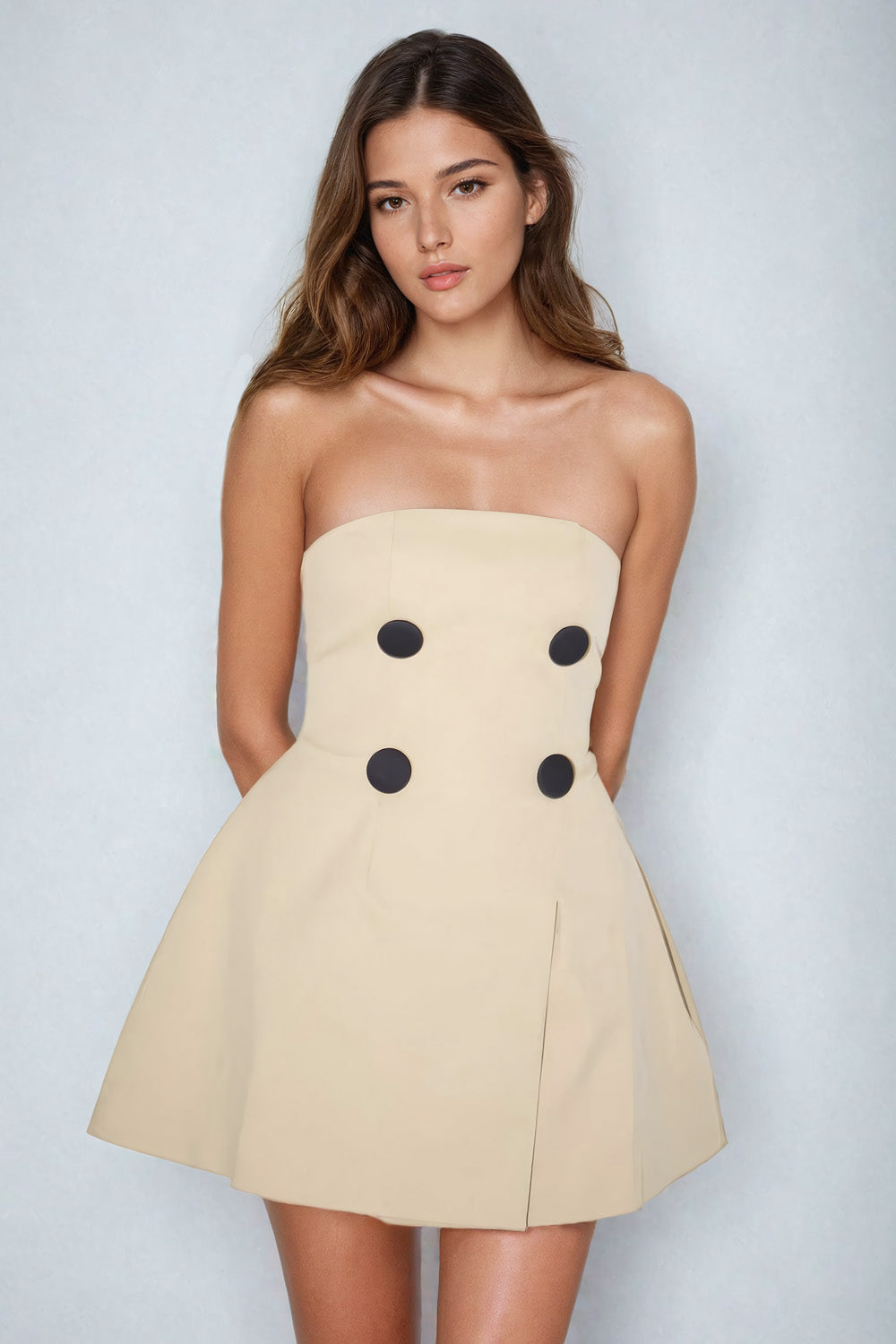 Strapless Mini Dress with Oversized Buttons - Khaki – Missime